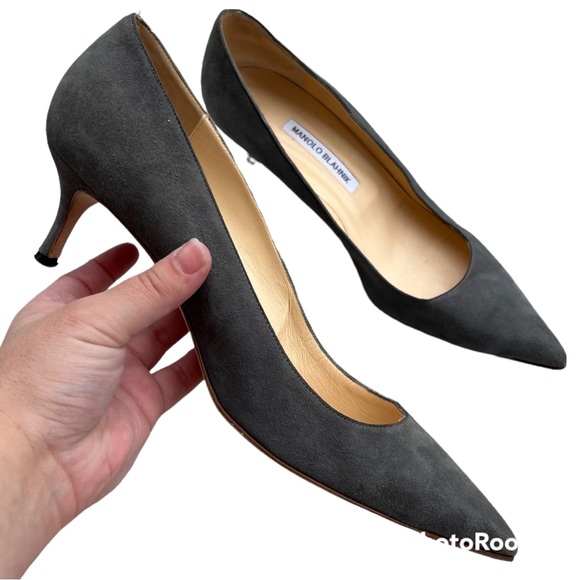 Manolo Blahnik | Shoes | Manolo Blahnik Srila Grey Suede Kitten Heel Career Pump Size 4 12 Us ...